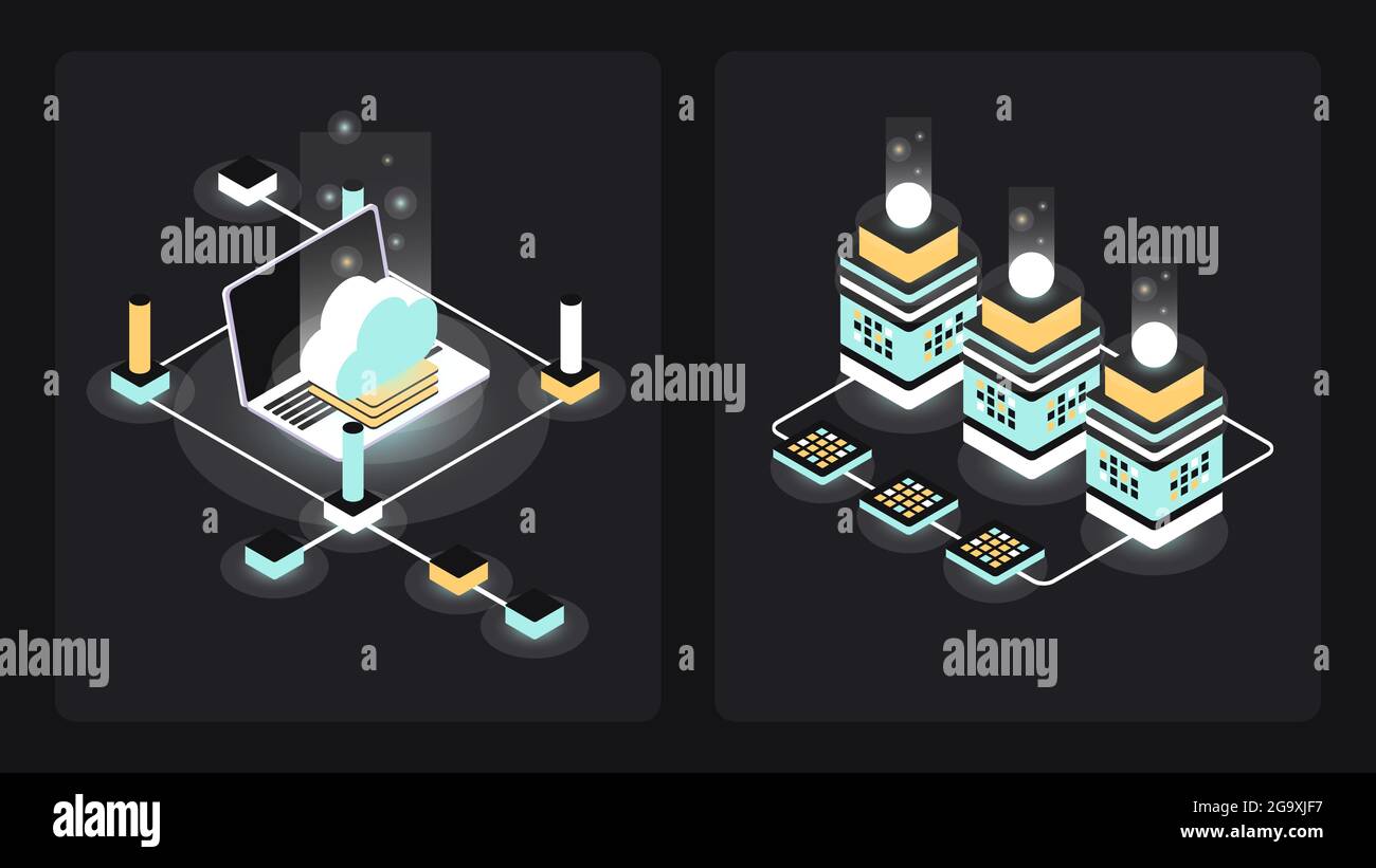Set of two Isometric Blockchain Illustrations. Digital Money, FinTech ...