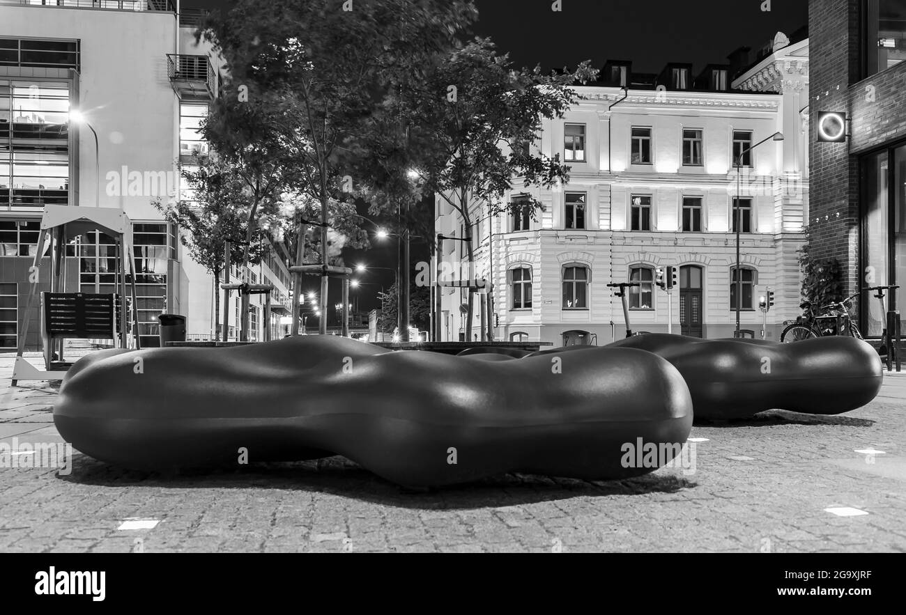 Empty public design bench in center Malmö near railway station in the ...
