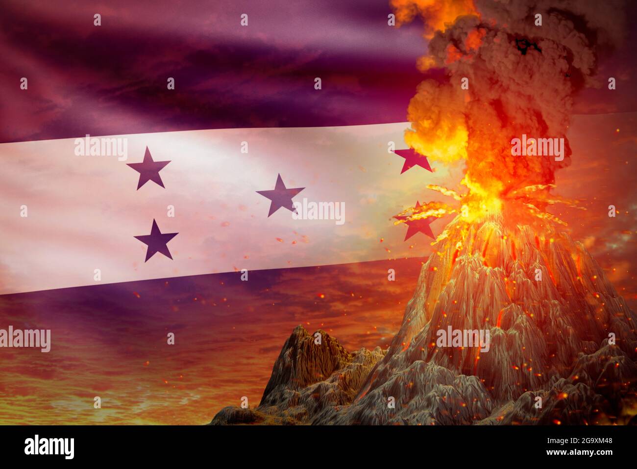 big volcano blast eruption at night with explosion on Honduras flag ...