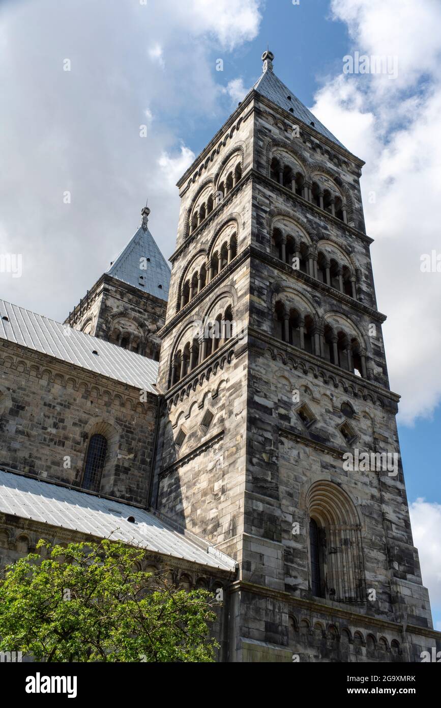 Lund Cathedral and bell tower building in central Lund on a summer day ...