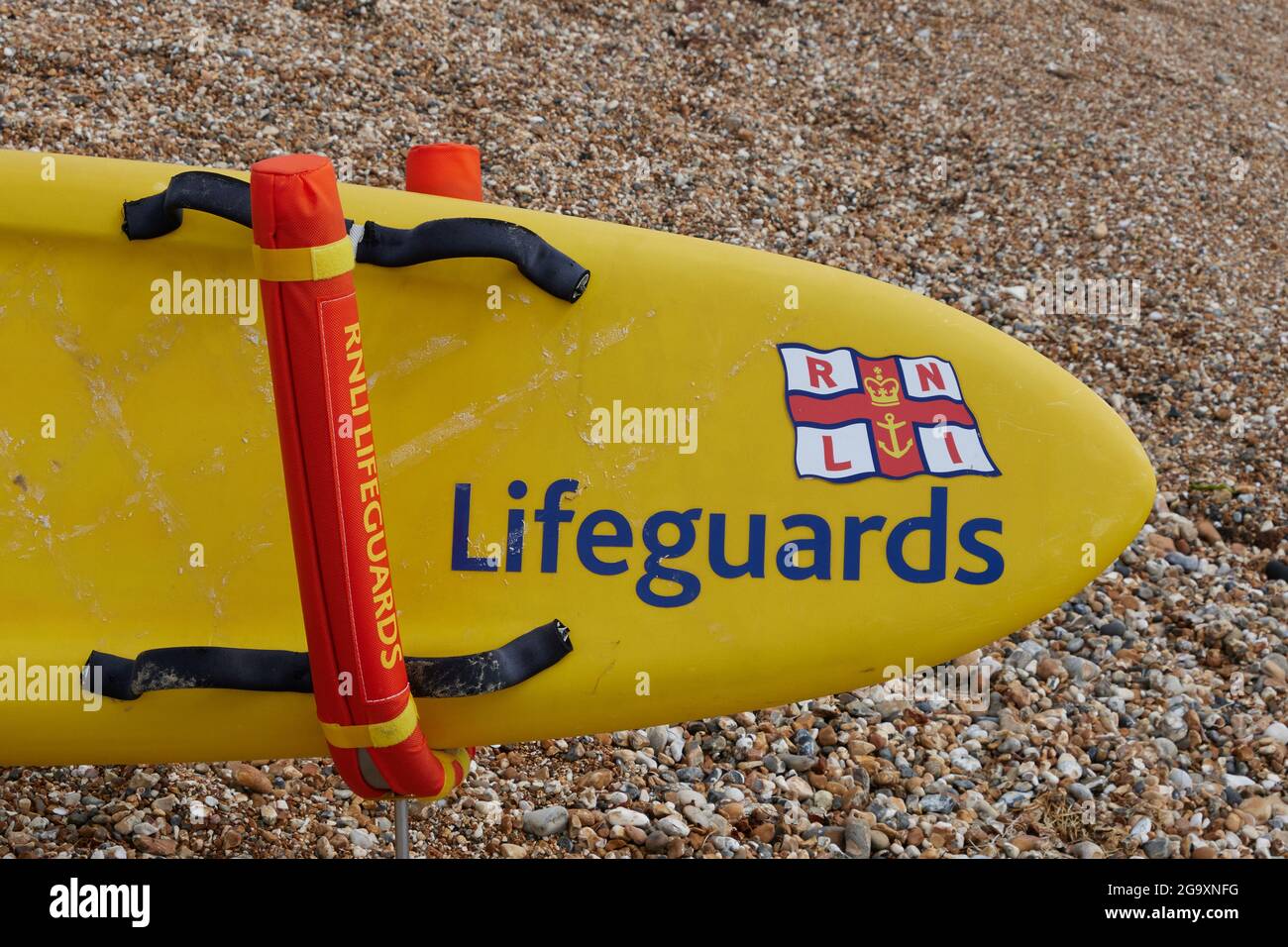 Deatil of an RNLI lifeguards board on the beach in summer 2021 Stock ...