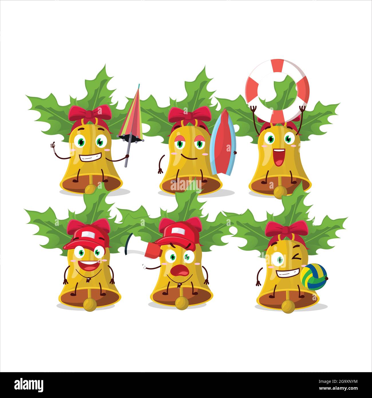 Happy Face jingle christmas bells cartoon character playing on a beach ...