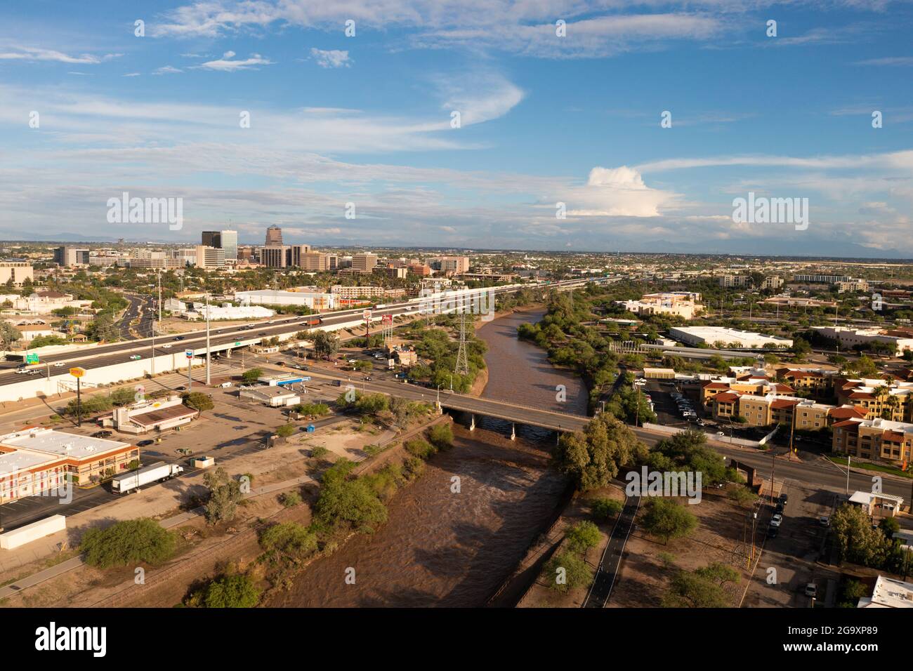 Aerial Tucson Arizona with Santa Cruz River after monsoon rain Stock ...
