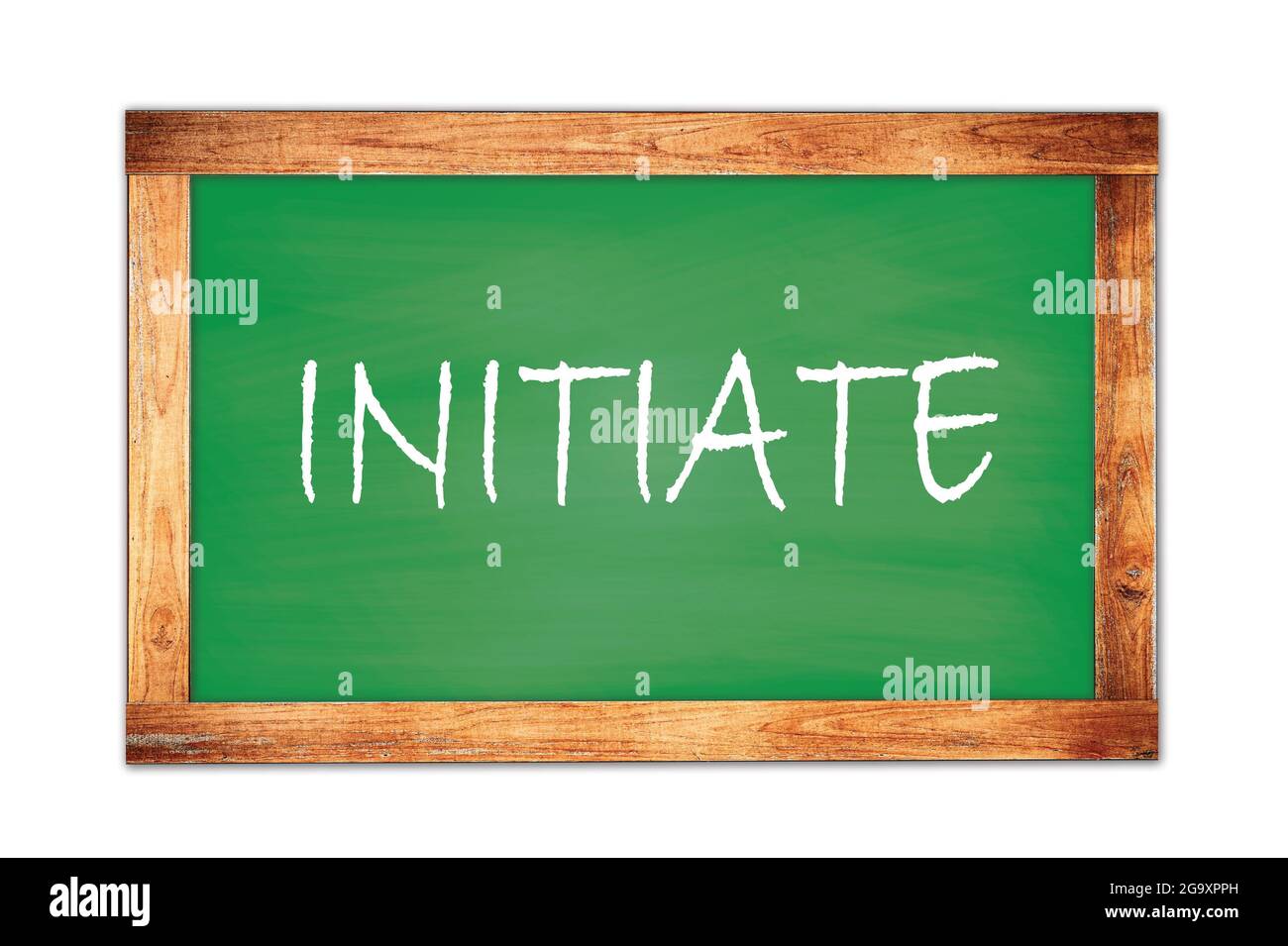 INITIATE text written on green wooden frame school blackboard Stock Photo - Alamy