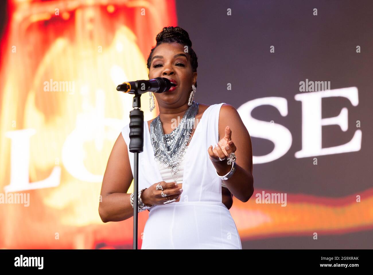 Female singer of band Loose Ends performing live at the Soultasia music ...