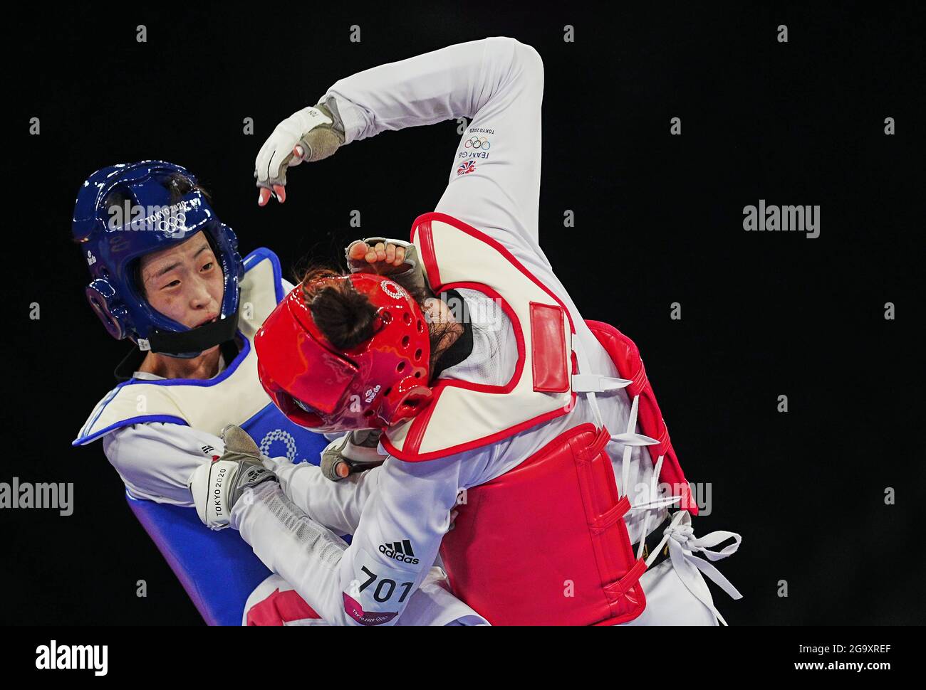 July 27, 2021: Bianca Walkden from Great Britain and Dabin Lee from South Korea during Taekwondo ...