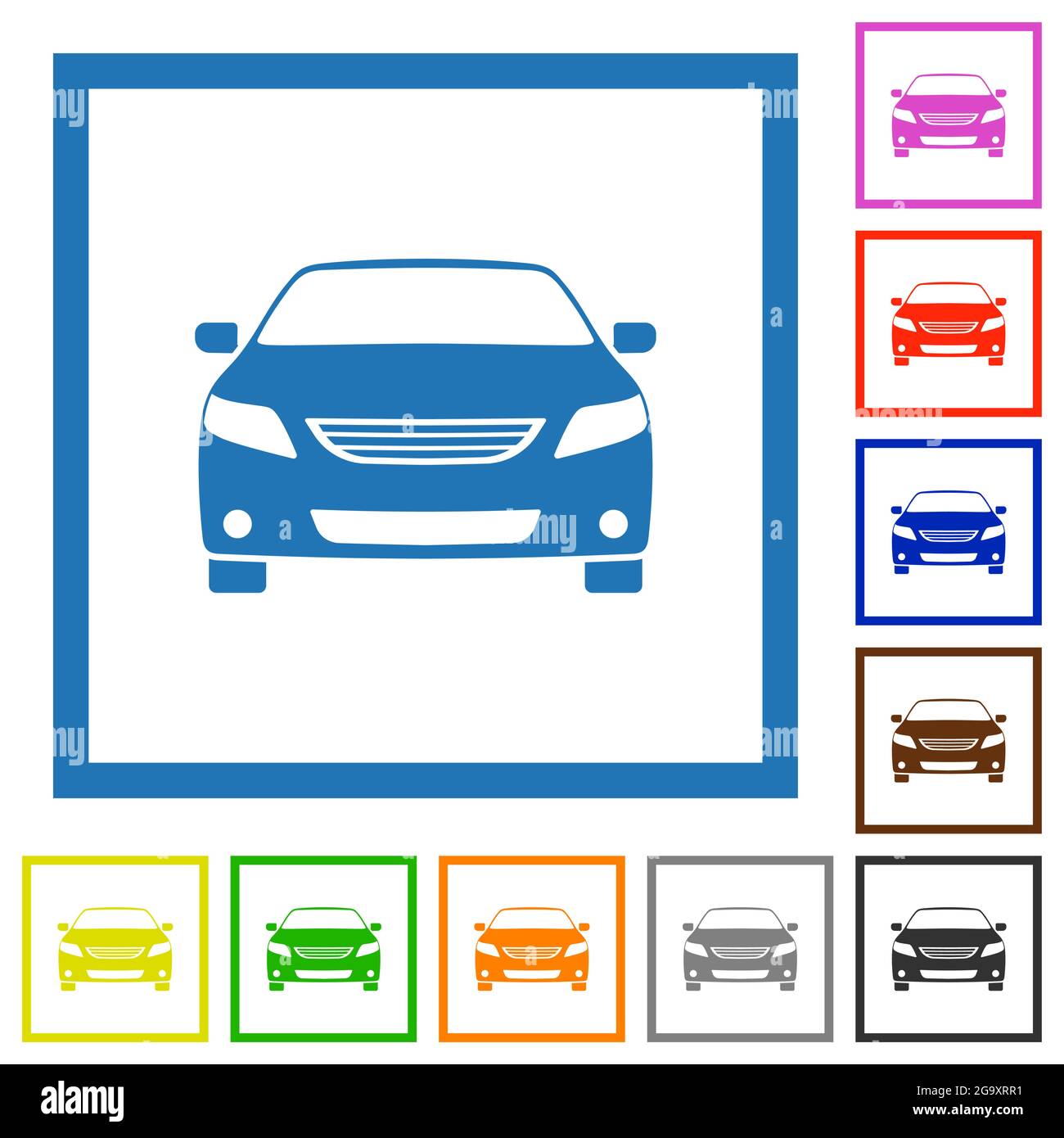 Sport car front view flat color icons in square frames on white ...