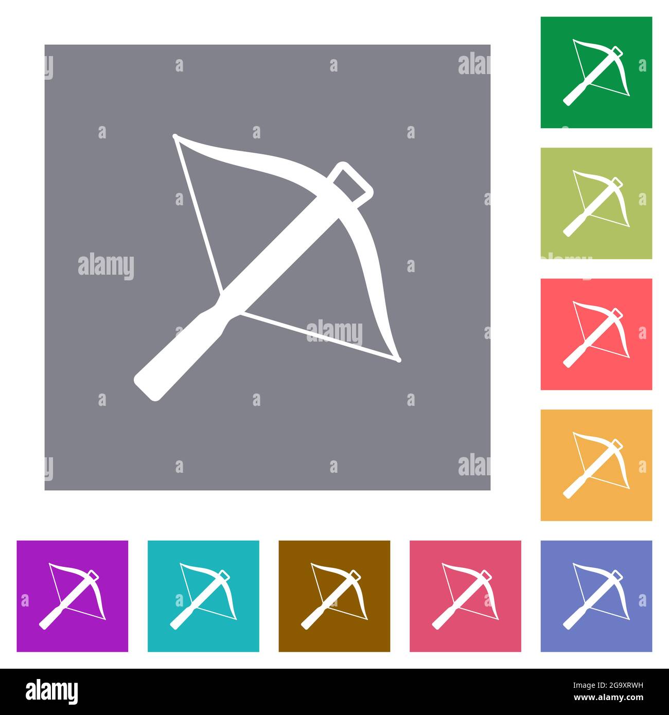 Crossbow with arrow flat icons on simple color square backgrounds Stock ...