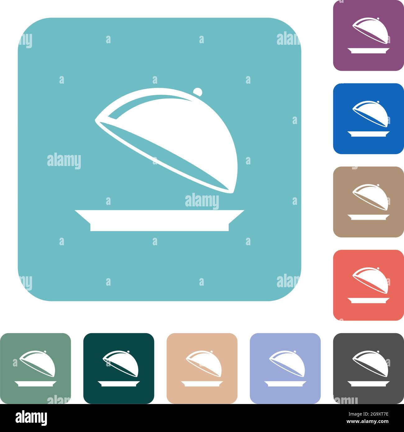 Open food tray with gloss white flat icons on color rounded square ...