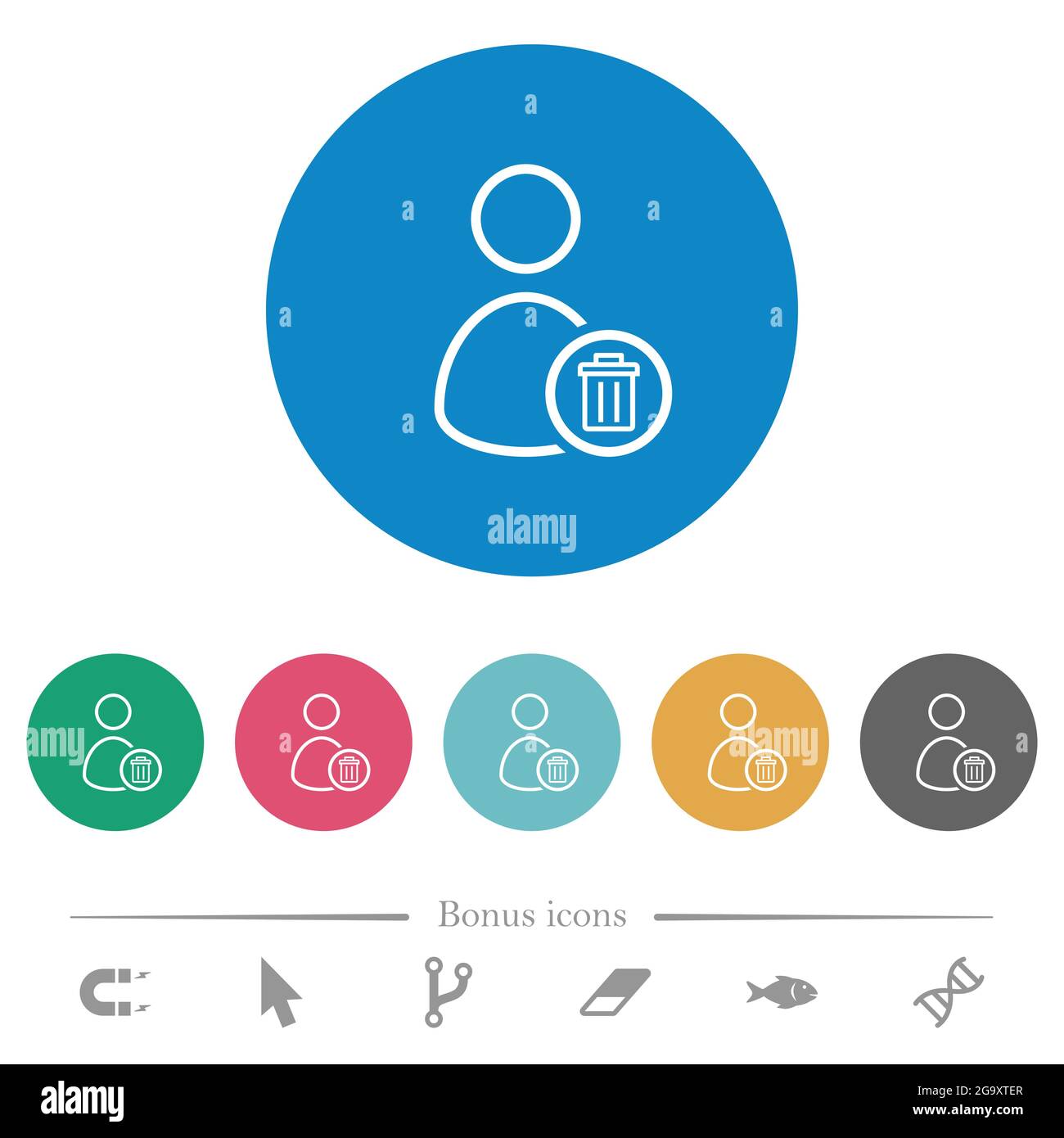 Delete user outline flat white icons on round color backgrounds. 6 ...