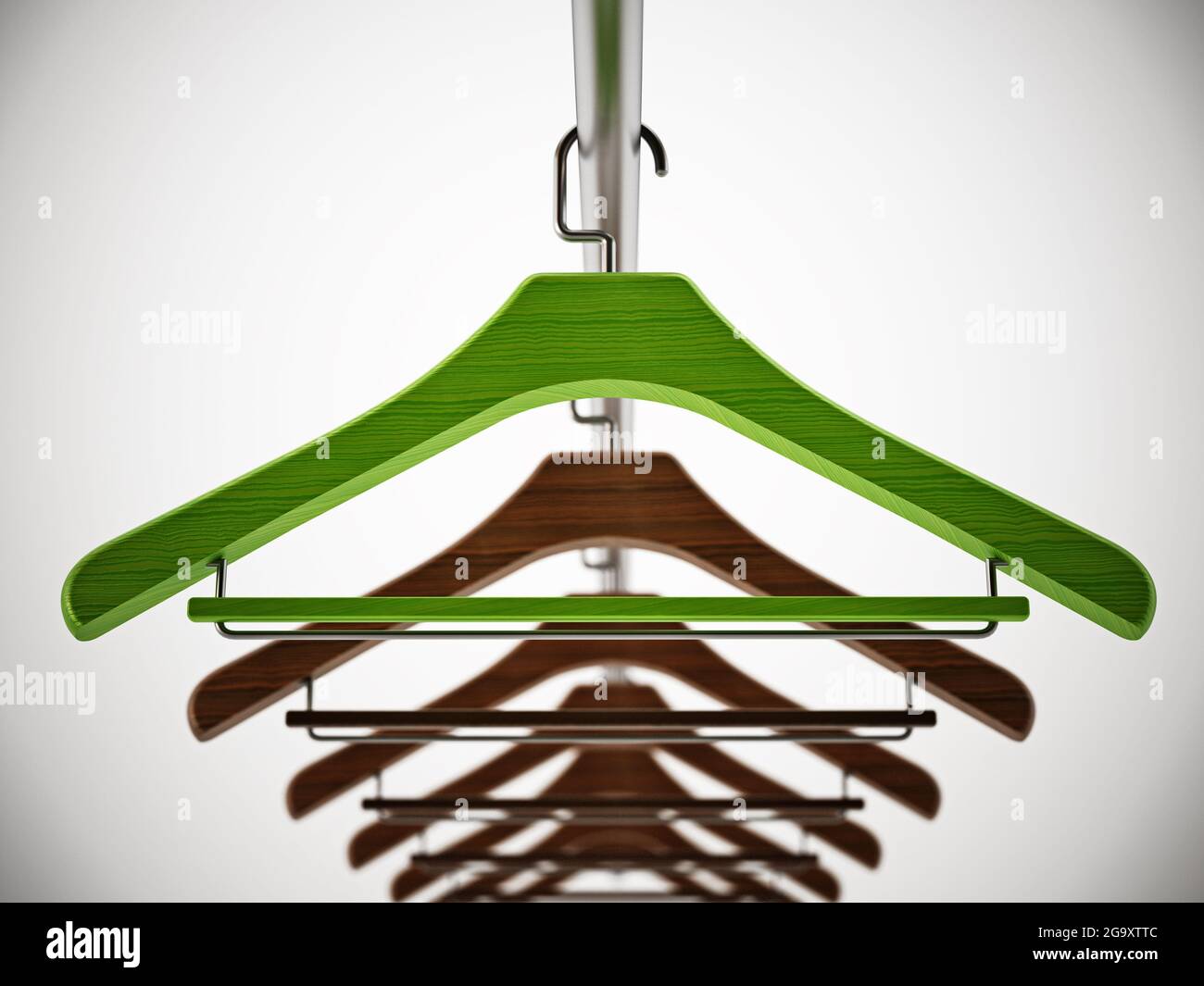 Green clothes-hanger stands out among regular hangers. 3D illustration ...