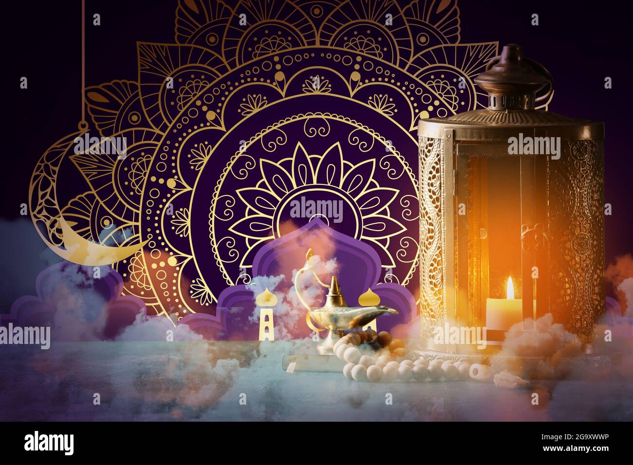 Muslim lantern with Quran, Aladdin lamp and tasbih on dark background ...