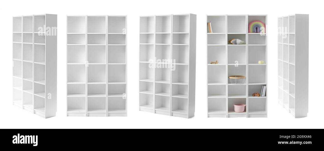 Set of shelving unit on white background Stock Photo - Alamy