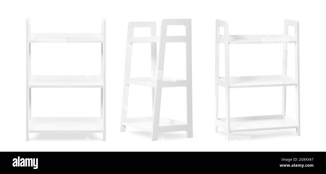 Empty shelving unit on white background Stock Photo - Alamy