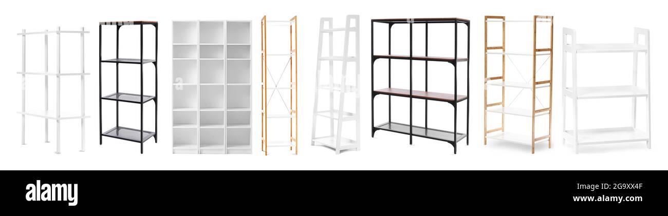 Set of empty shelving units on white background Stock Photo - Alamy