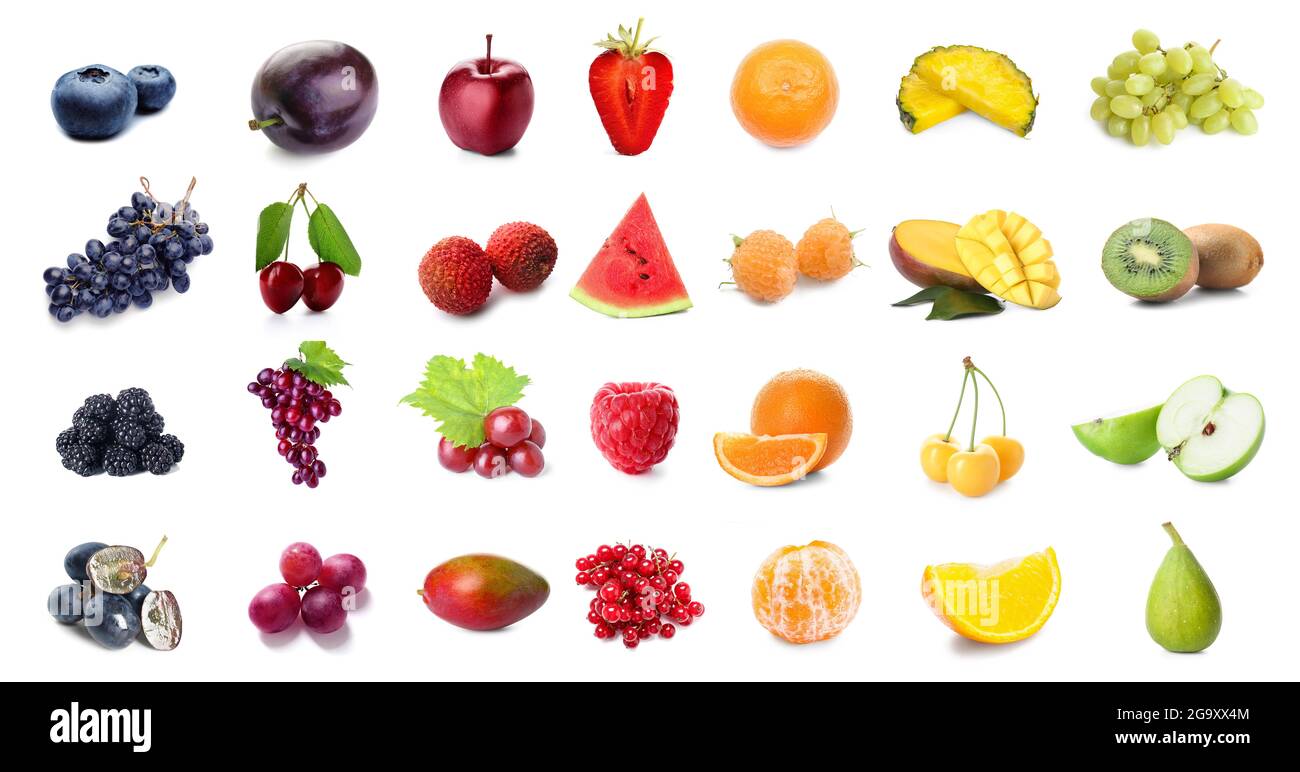 Set of bright fruits and berries on white background Stock Photo - Alamy