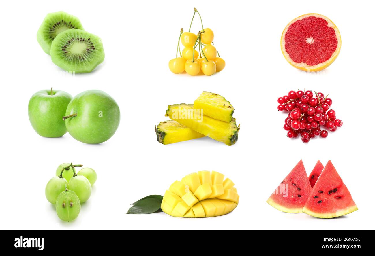 Set of bright fruits and berries on white background Stock Photo - Alamy