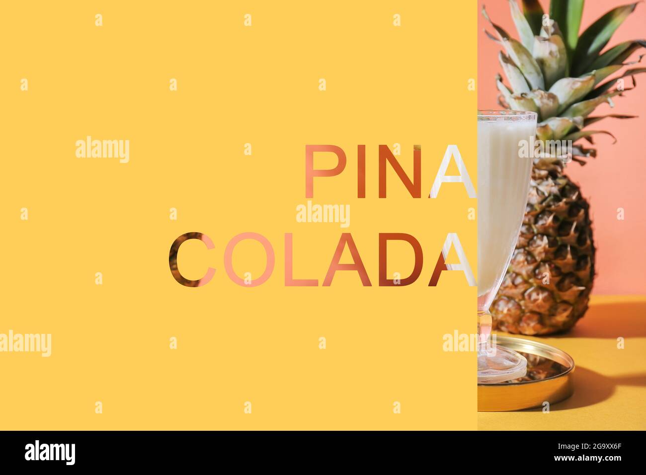 Glass with tasty Pina Colada cocktail on color background Stock Photo ...