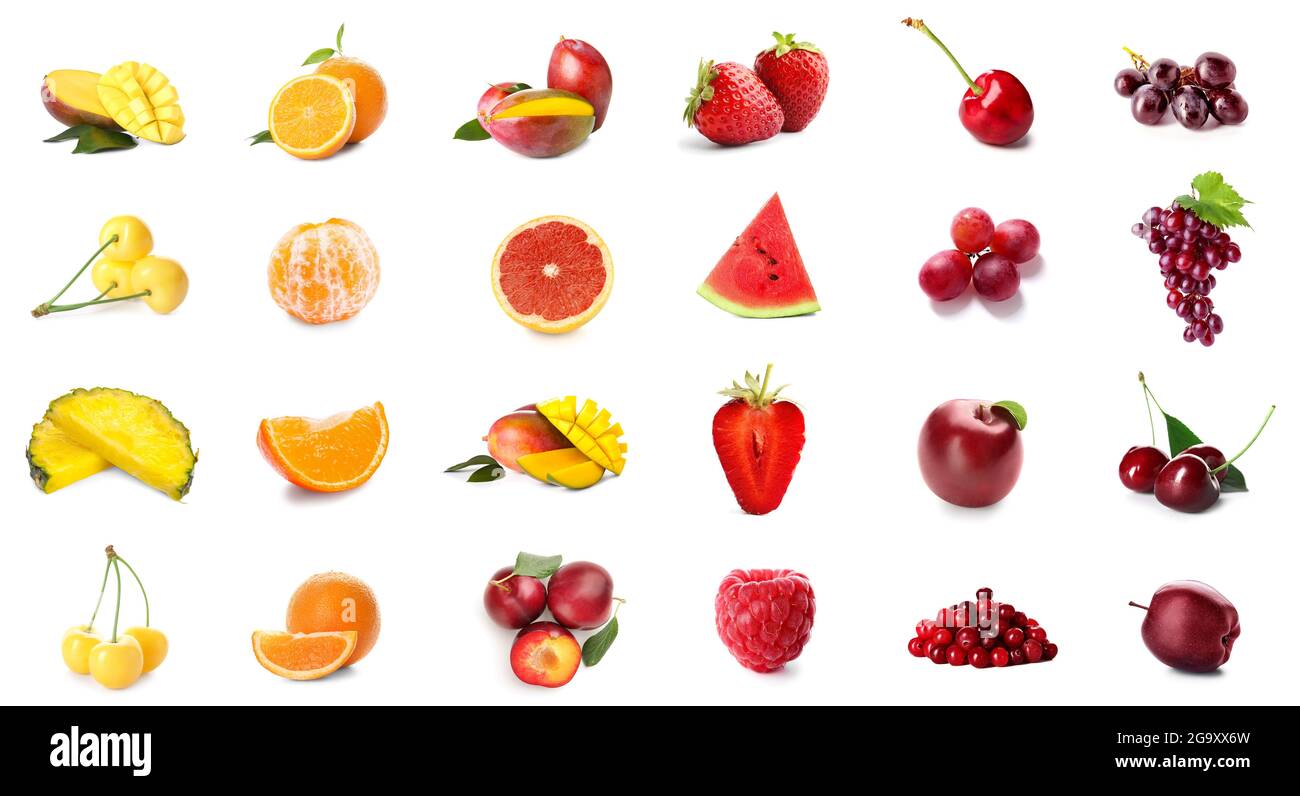 Set of bright fruits and berries on white background Stock Photo - Alamy