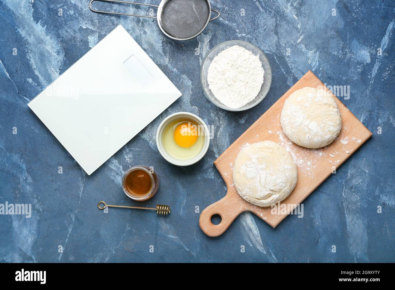 Ingredients for preparing bakery and utensils on color background Stock ...