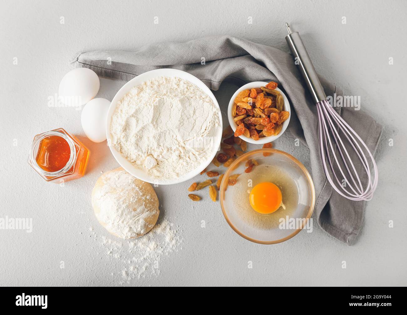 Ingredients for preparing bakery and utensils on light background Stock ...