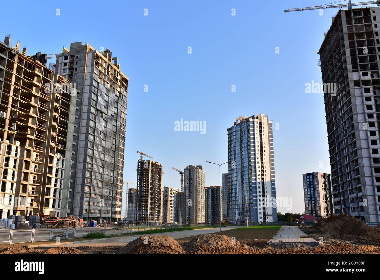 View of a large construction site with buildings under construction and ...