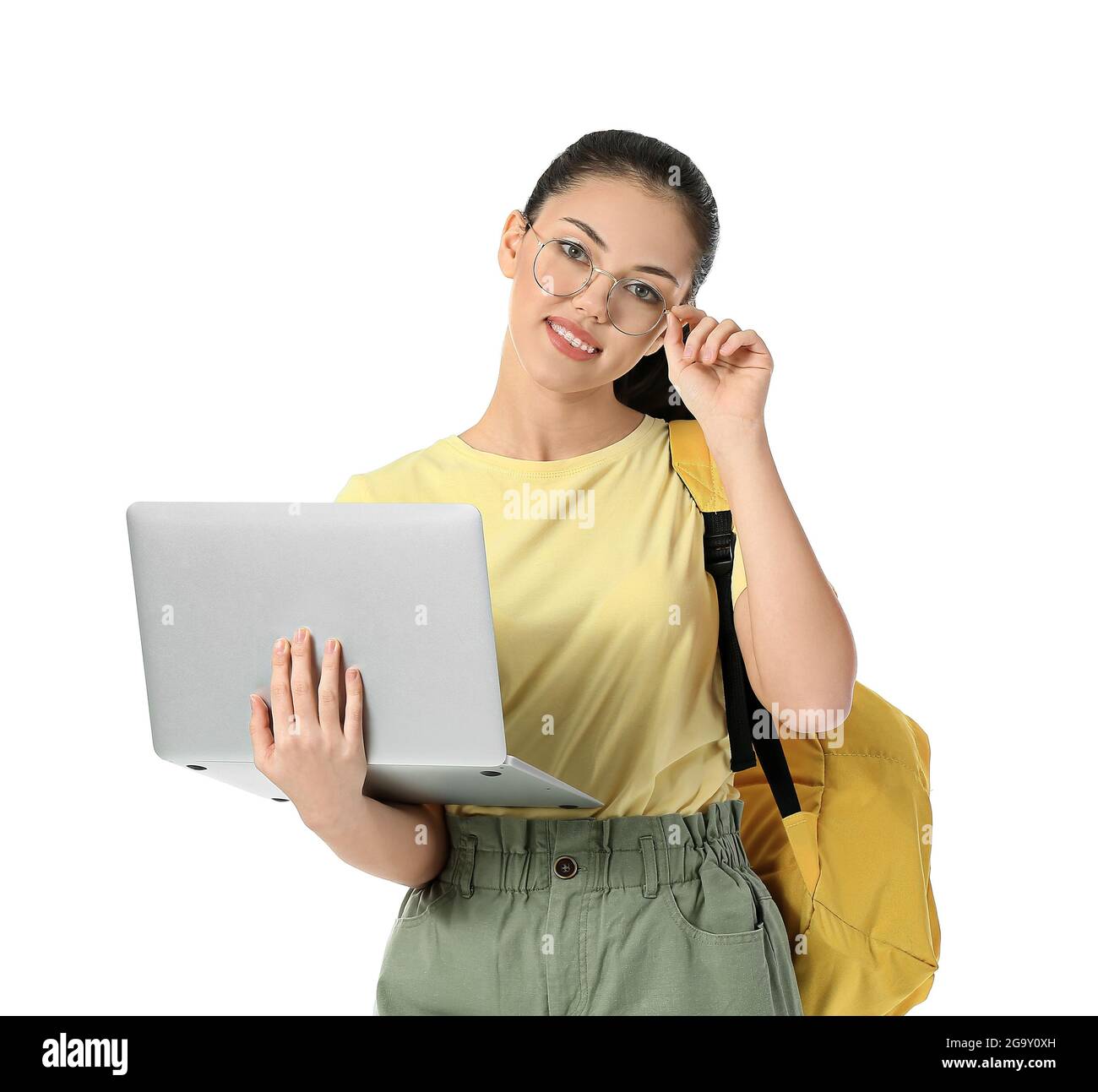Female student with laptop on white background Stock Photo - Alamy