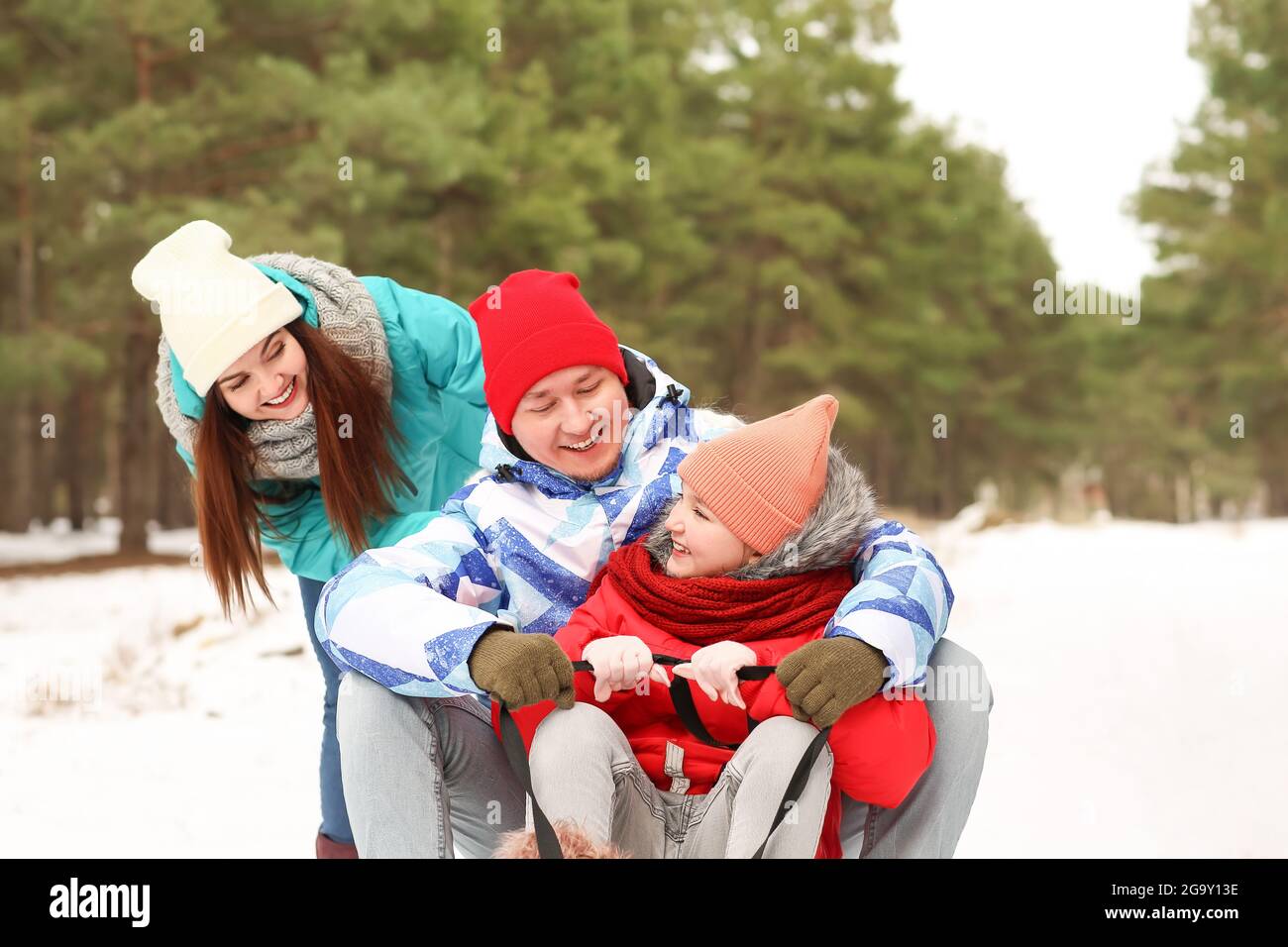 Happy family sledging in park on winter day Stock Photo - Alamy