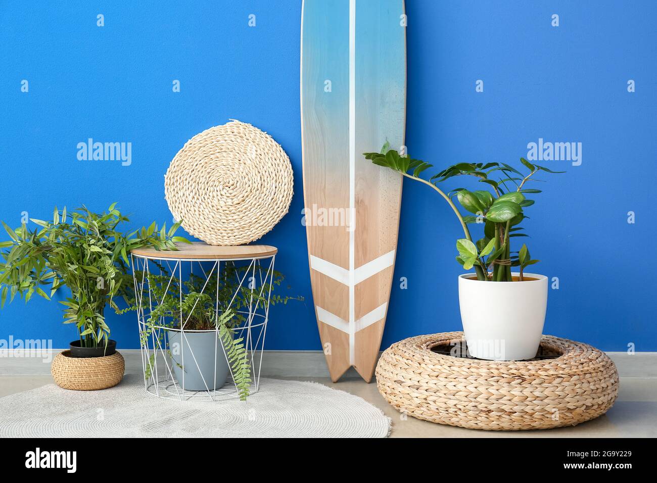 Interior of modern room with surfboard Stock Photo - Alamy