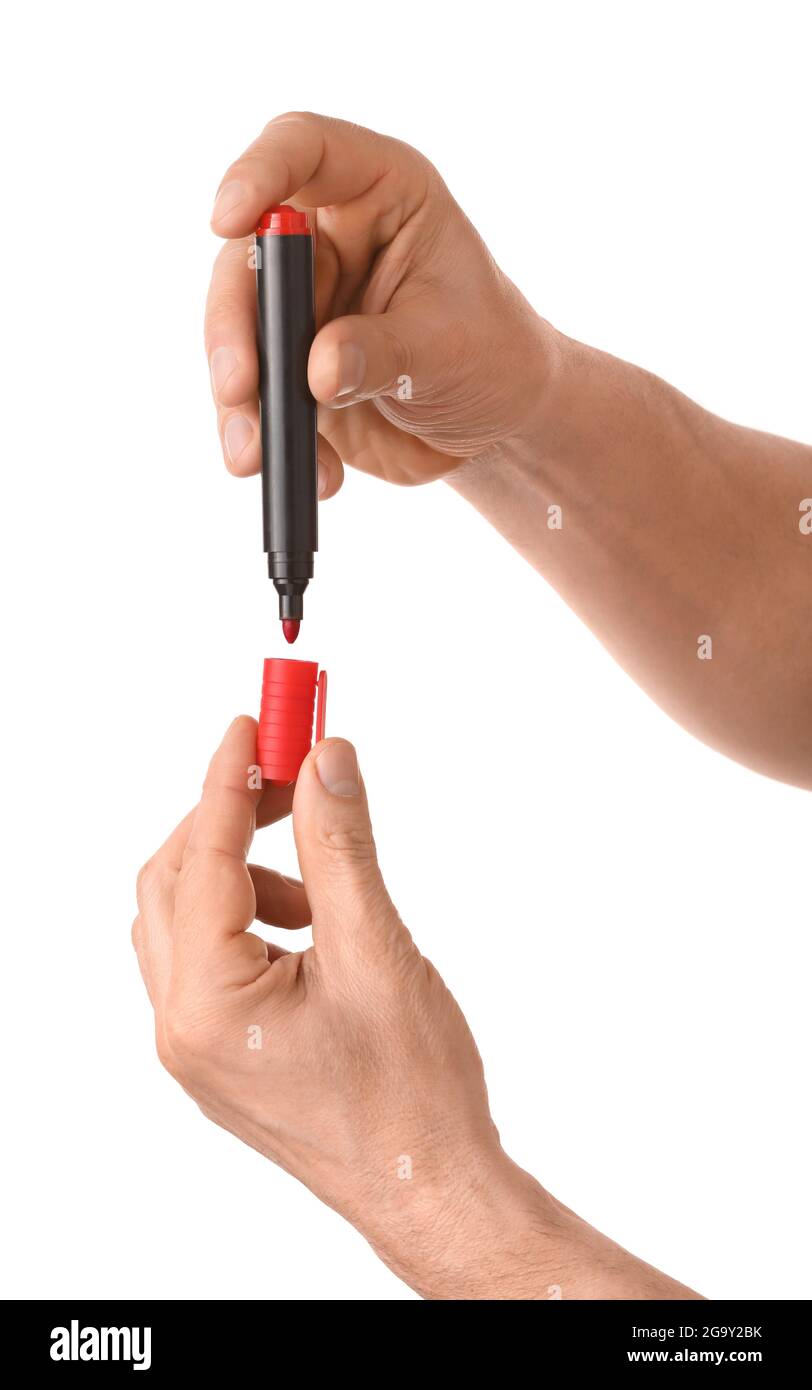Man with marker on white background Stock Photo - Alamy