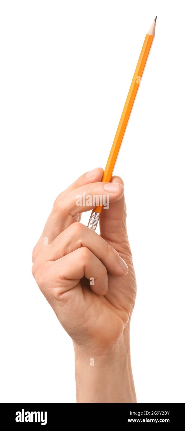 Man with pencil on white background Stock Photo - Alamy