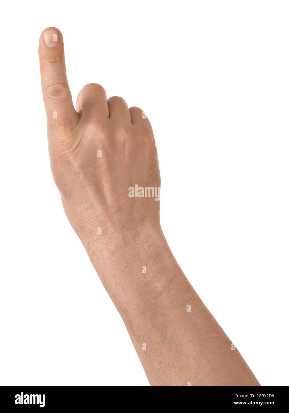 Male hand pointing at something on white background Stock Photo - Alamy