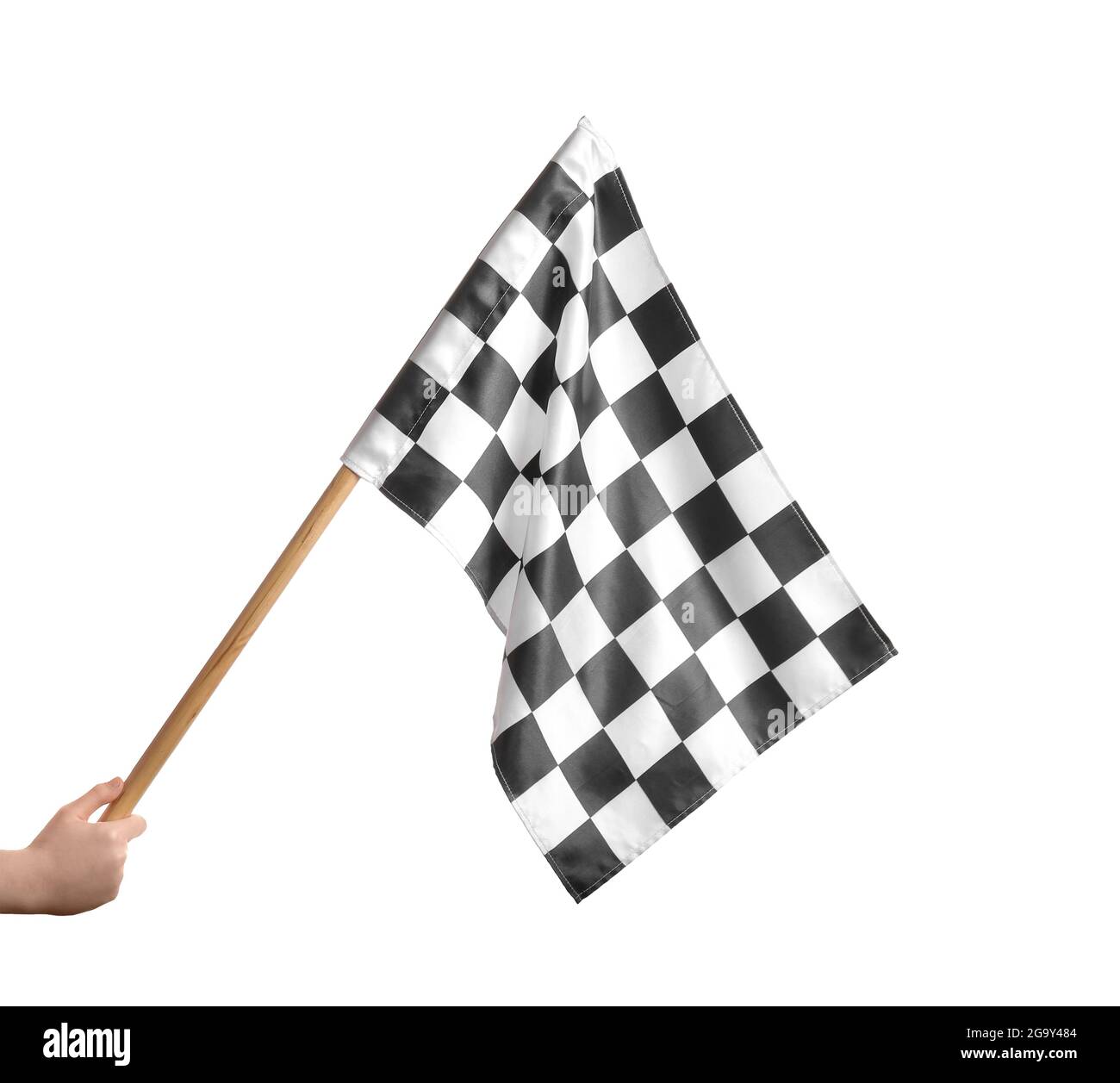 Hand with racing flag on white background Stock Photo - Alamy