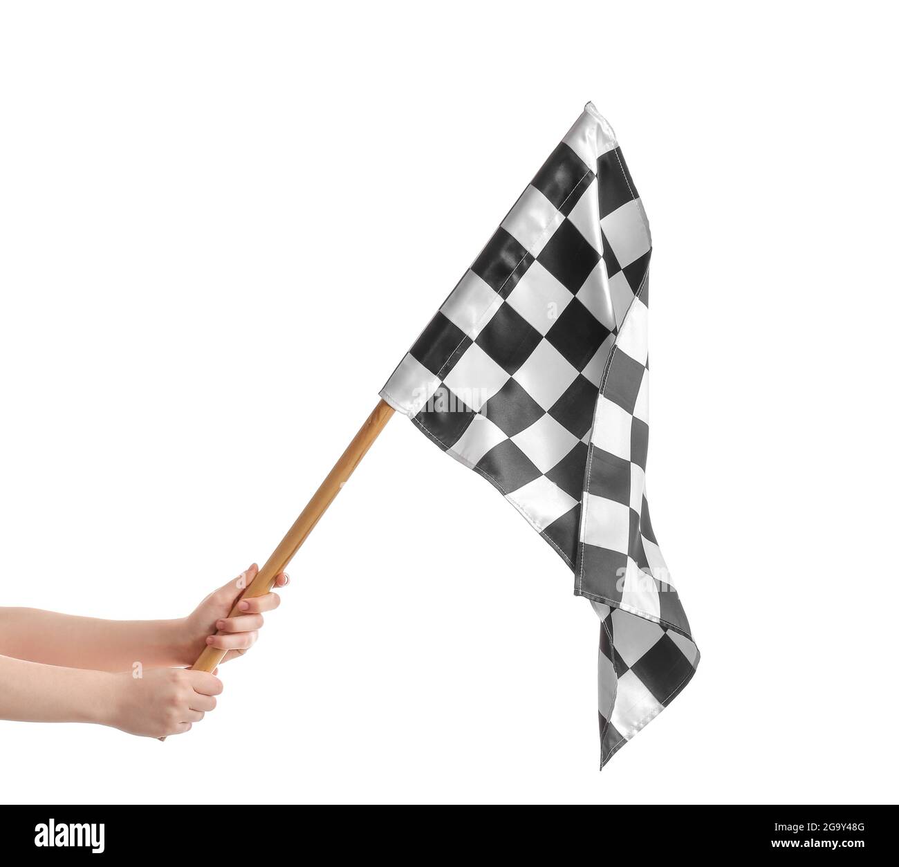 Hands with racing flag on white background Stock Photo - Alamy