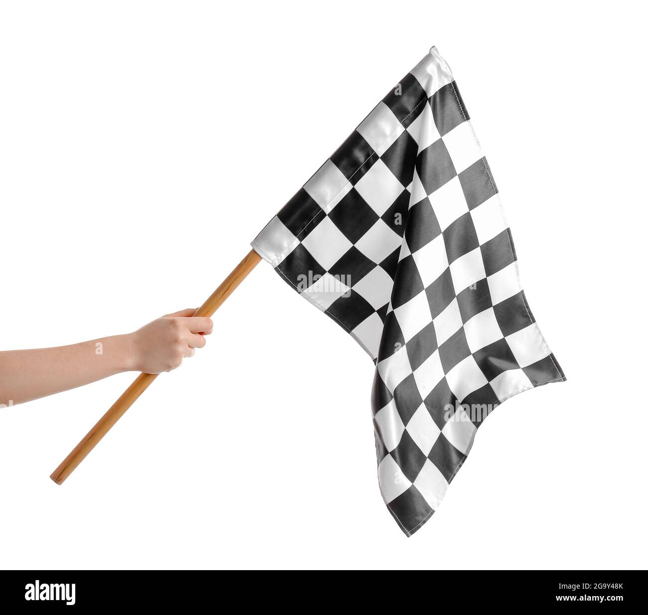 Hand with racing flag on white background Stock Photo - Alamy