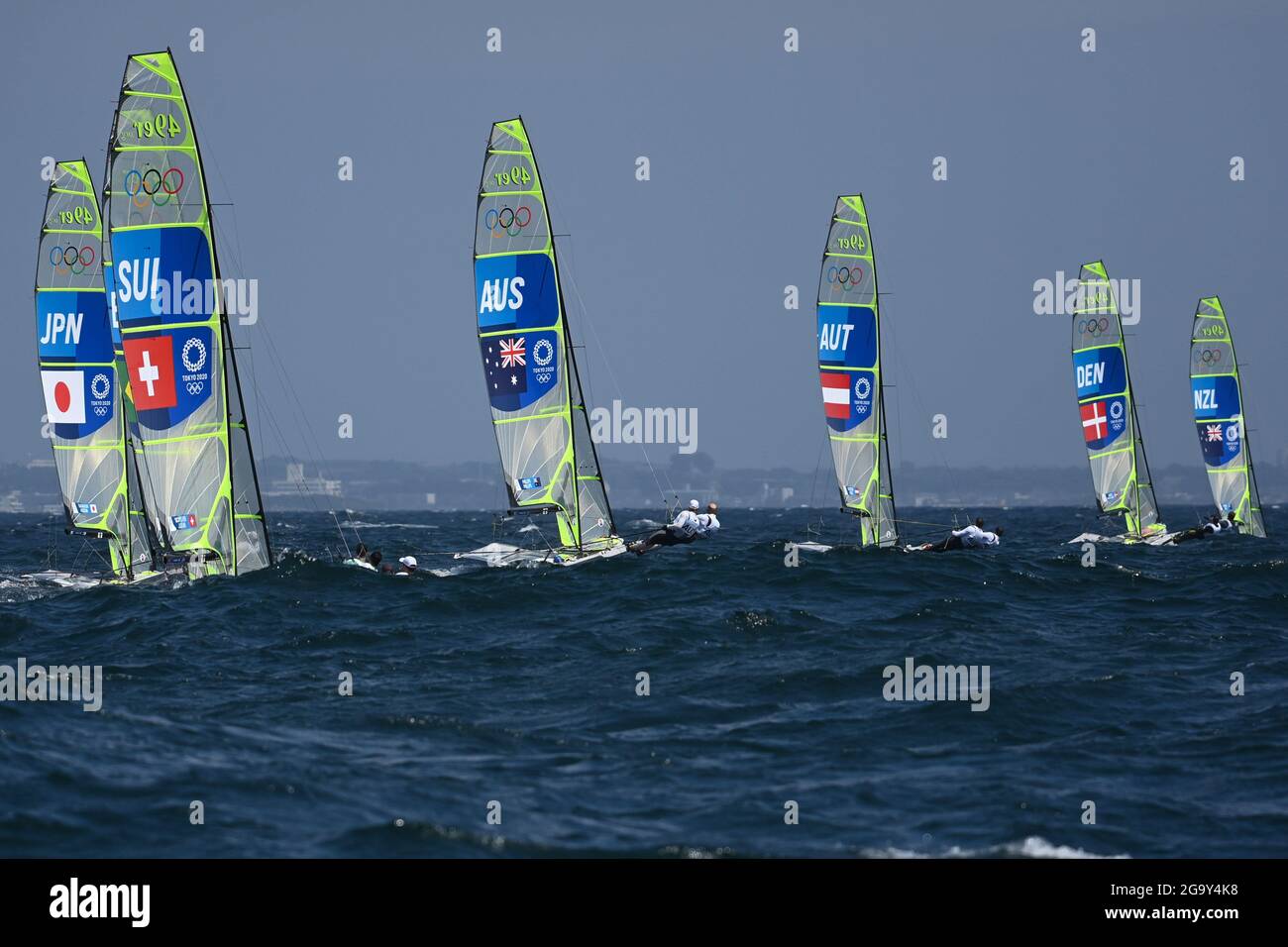 Kanagawa, Japan. 28th July, 2021. Athletes attend the men's Skiff 49er ...