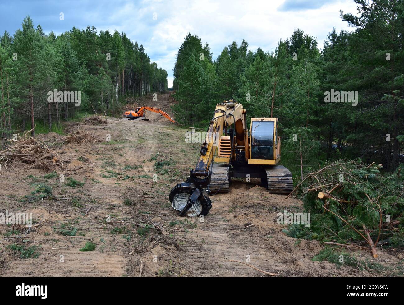 Excavator Grapple during clearing forest for new development. Tracked ...