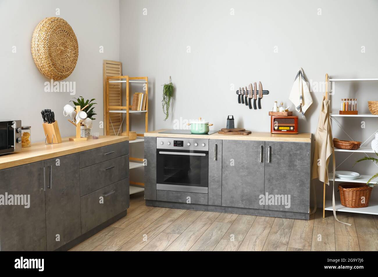 Interior of modern kitchen with utensils Stock Photo - Alamy