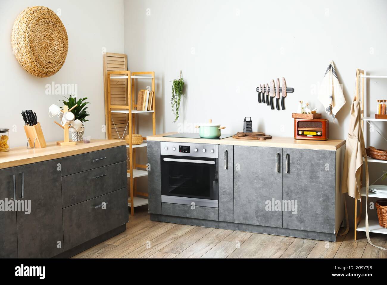 Interior of modern kitchen with utensils Stock Photo - Alamy