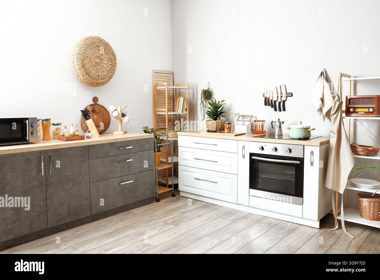 Interior of modern kitchen with utensils Stock Photo - Alamy