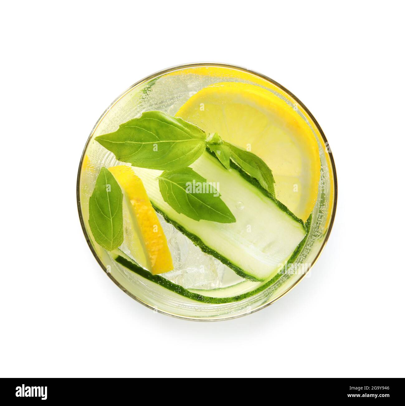 Glass with cucumber lemonade on white background Stock Photo - Alamy
