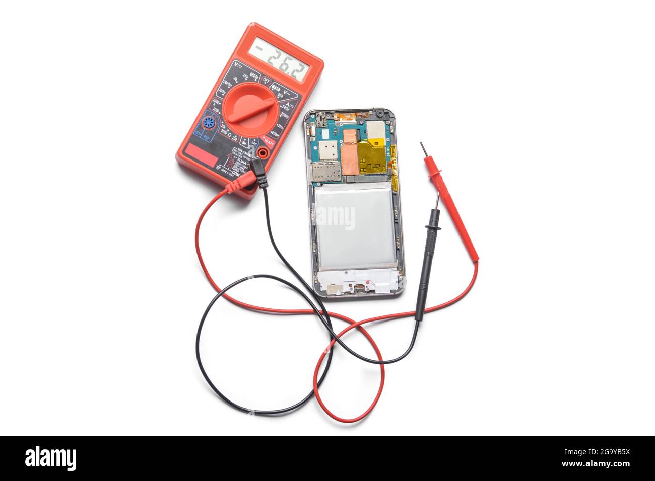 Disassembled mobile phone with multimeter on white background Stock ...