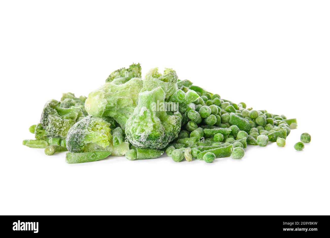 Frozen green vegetables on white background Stock Photo - Alamy