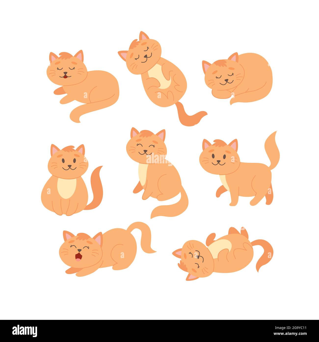 Cat set in different poses. Cute ginger cat character in cartoon style ...