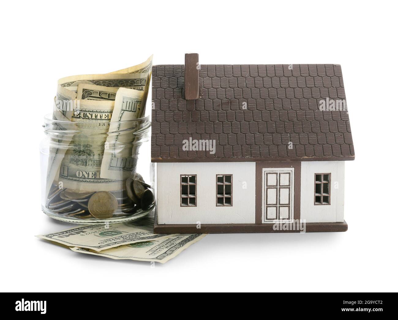 Figure of house and money on white background. Concept of buying real ...