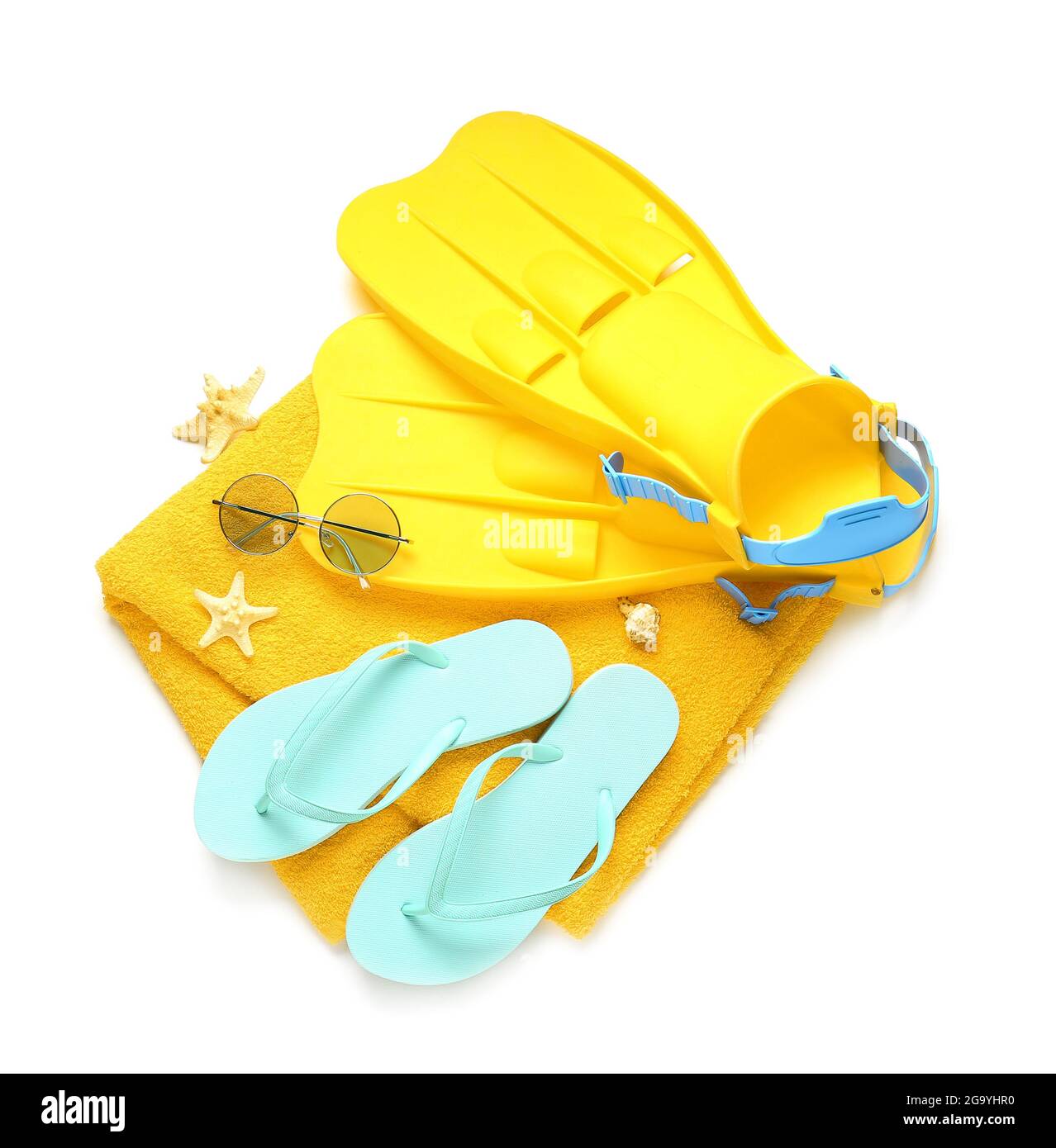 Towel, flip-flops, sunglasses and flippers on white background Stock ...