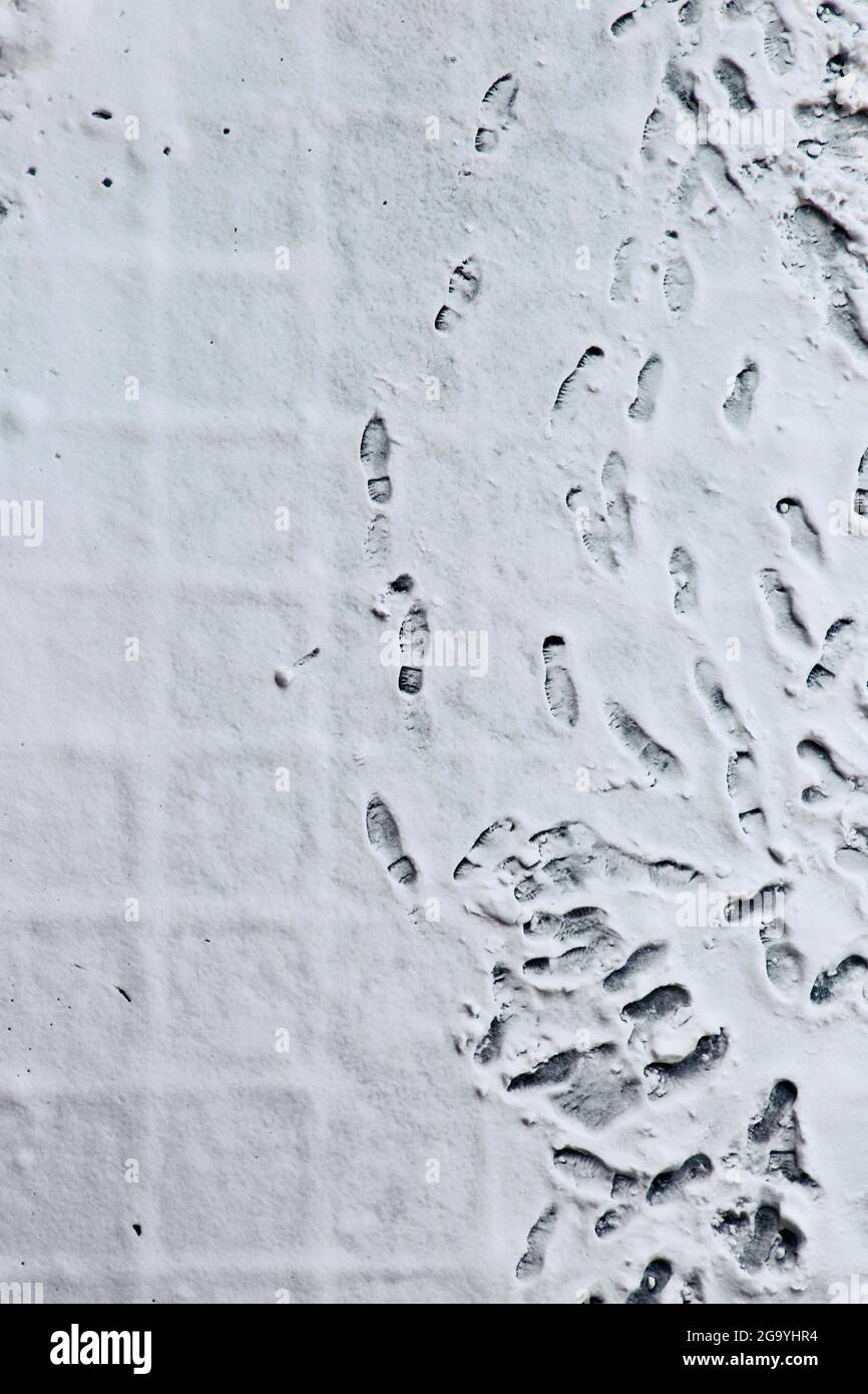Overhead view of footprints in the snow on a pavement, USA Stock Photo ...