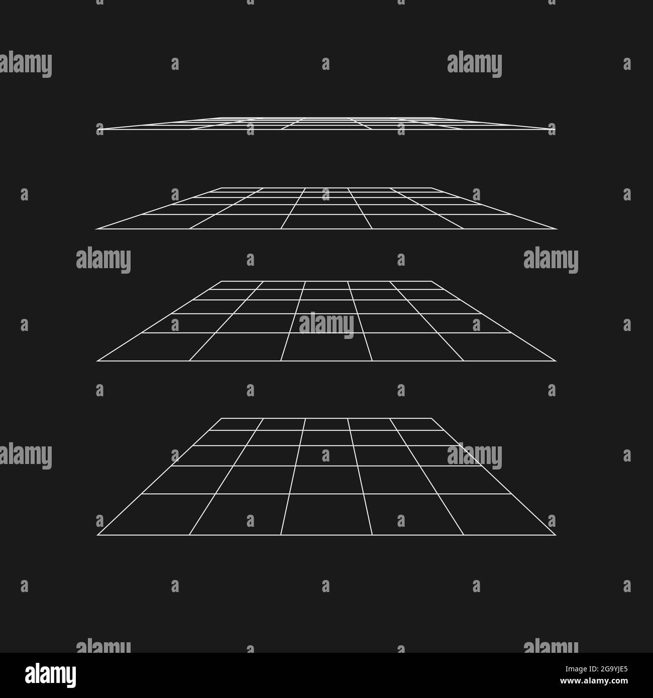 Retrofuturistic flat perspective grid at different angles. Cyber retro design element. Flat ...