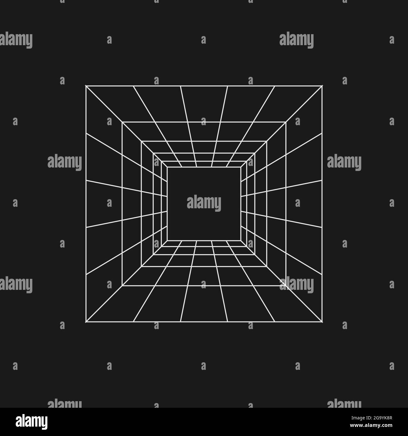 Retrofuturistic perspective grid tunnel. Digital cyber retro design element. Perspective tunnel ...