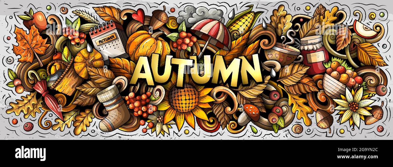 Autumn nature hand drawn cartoon doodle illustration. Funny seasonal ...